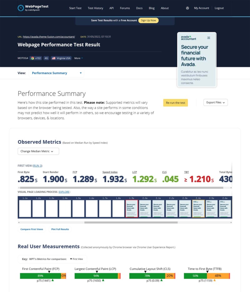 Performance Testing using WebPageTest – Avada Website Builder